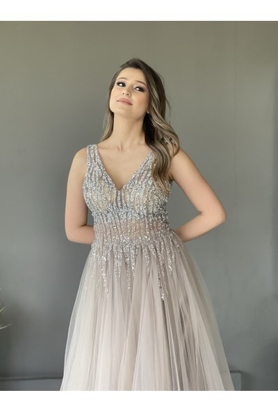 Yıldızlar Göğsü Pul Payet Belden Oturtmalı Kiloş Abiye ALN2203 2203KAPİÇİNO