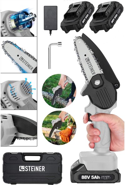 Steiner Alman 88 V 5 Ah Çift Akülü Dal Budama Kesme Testere Bıçkı Makinesi Çantalı 10 cm Pala Steiner Alman 88 V 5 Ah Çift Akülü Dal Budama Kesme Testere Bıçkı Makinesi Çantalı 10 cm Pala