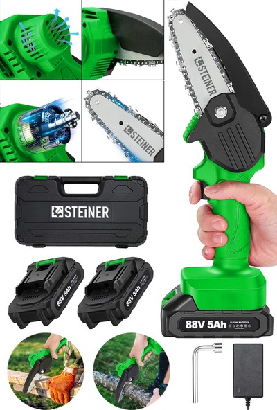 Steiner Alman Pro 88 V 5 Ah ( Çift Akülü ) Dal Budama Kesme Testere Bıçkı Makinesi Çantalı 10 cm Pala Steiner Alman Pro 88 V 5 Ah ( Çift Akülü ) Dal Budama Kesme Testere Bıçkı Makinesi Çantalı 10 cm Pala