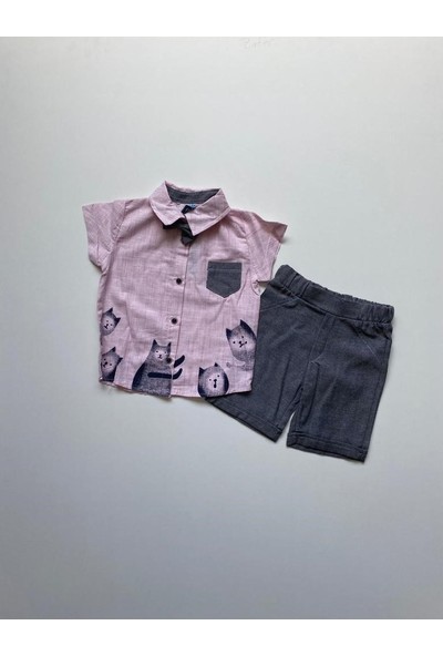 Zabi Kedi Baskılı Cep Detaylı Şortlu Erkek Takım