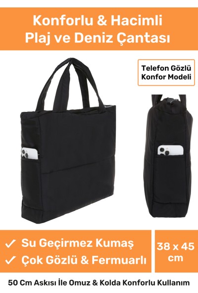 Lacheln Kadın Siyah Fermuarlı Su Geçirmez Plaj Çantası Deniz Kumsal Iç Cepli Büyük Plaj Çantası