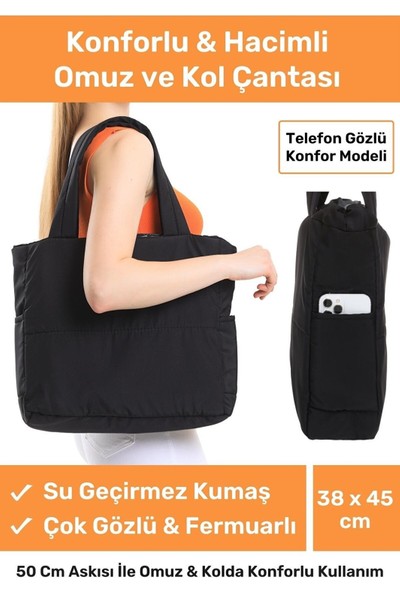 Lacheln Kadın Siyah Konfor Modeli Puf Shopper Çanta Paraşüt Kumaş Su Geçirmez Askılı Kol ve Omuz Çantası Lacheln Kadın Siyah Konfor Modeli Puf Shopper Çanta Paraşüt Kumaş Su Geçirmez Askılı Kol ve Omuz Çantası