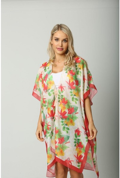 Luminos Butik Kadın Kırmızı Küpe Çiçeği Desenli Pareo - Kimono