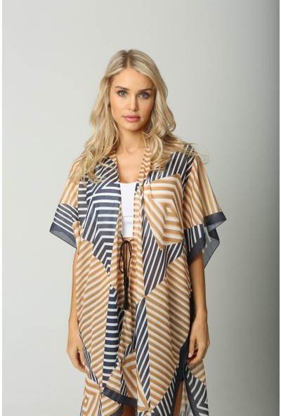 Luminos Butik Kadın Siyah-Gold Çizgi Desenli Pareo - Kimono