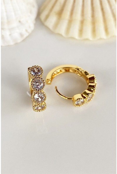 Altın Renk Zirkon Taşlı Paslanmaz Çelik Orta Boy Küpe (Çift/1,5 Cm)