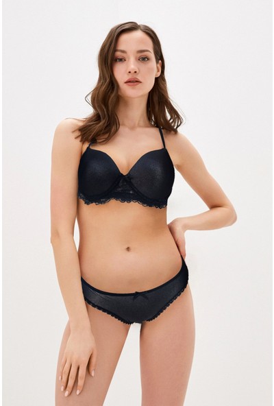 Kadın Siyah Simli Düz Kapsız Sütyen Külot Desteksiz Iç Çamaşır Takım