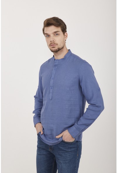 Çetinkaya Chester Polo Erkek Düz Regular Hakim Yaka Yarım Düğmeli Keten Indigo Gömlek Çetinkaya Chester Polo Erkek Düz Regular Hakim Yaka Yarım Düğmeli Keten Indigo Gömlek