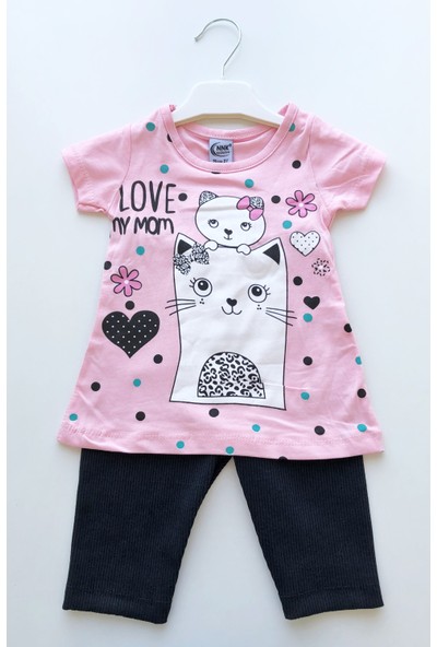 Kız Çocuk Kedi Baskılı Fitilli Tayt ve Tişört Takım