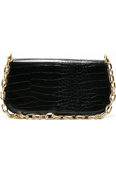 Kadın Siyah Zincir Saplı Kroko Baget Baguette El & Omuz Çantası