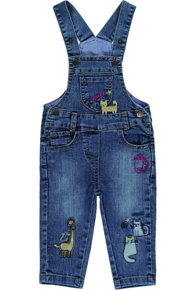 Overdo Kedi Nakışlı Mavi Kot / Denim Unisex Çocuk Salopet / Bahçivan