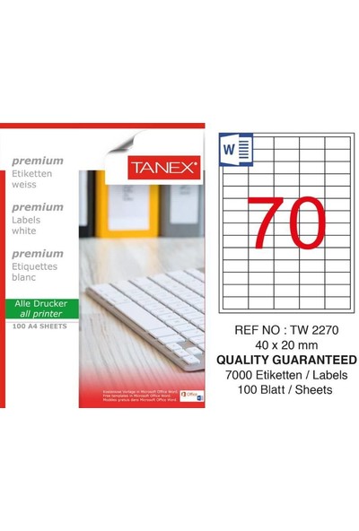 Tanex Tanex Lazer Etiket 100 Yp 7000 Li 20X40 Laser-Copy-Inkjet TW-2270 Tanex Tanex Lazer Etiket 100 Yp 7000 Li 20X40 Laser-Copy-Inkjet TW-2270