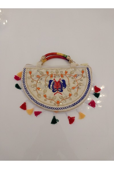 Hindistandan Ithal Işlemeli Motifli Nakışlı Fermuarlı Kadın El Çantası