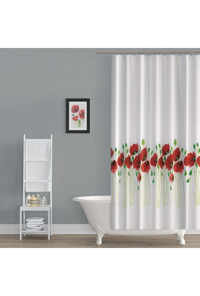 Tropik Home Gelincik Desen Kırmızı Banyo Perdesi-Tek Kanat Duş Perdesi, 180x200 Cm C Halkalı Küvet Perdesi