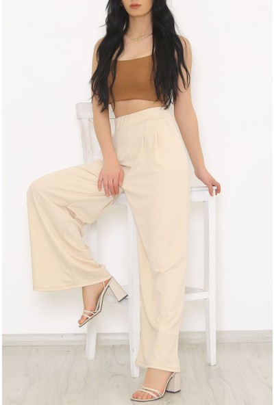 Fusem Beli Lastikli Palazzo Pantolon Taş