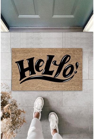 Gök Yaprak Siyah Kapı Önü Paspası Hello Desen PS856