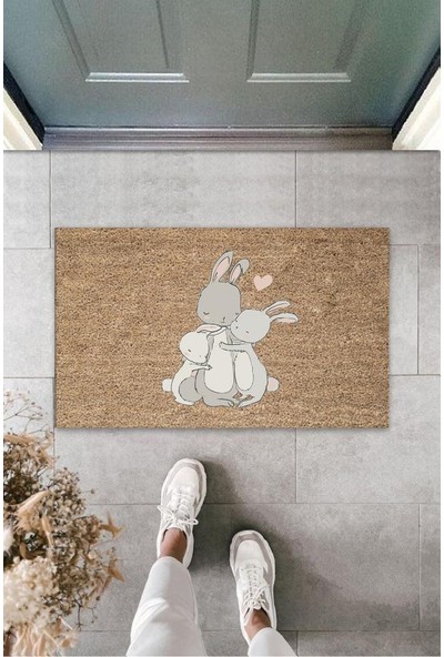 Gök Yaprak Kahverengi Kapı Önü Paspası Tavşan Ailesi Desen PS942