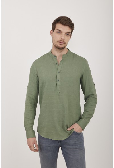 Çetinkaya Chester Polo Erkek Düz Regular Hakim Yaka Yarım Düğmeli Keten Haki Gömlek Çetinkaya Chester Polo Erkek Düz Regular Hakim Yaka Yarım Düğmeli Keten Haki Gömlek