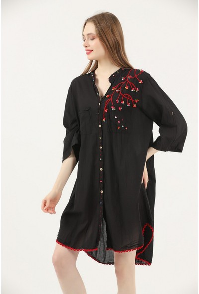 Poyralı Moda %100 Pamuklu Gömlek Pareo Siyah Poyralı Moda %100 Pamuklu Gömlek Pareo Siyah