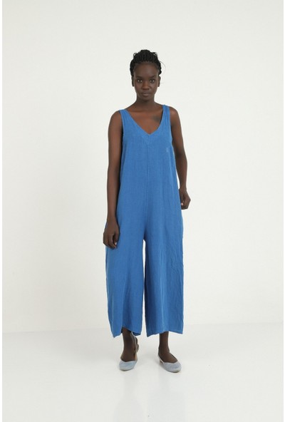 Poyralı Moda Keten Tulum Mavi