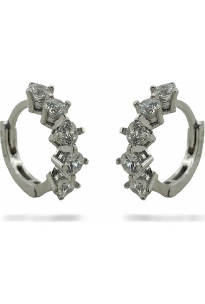 MaGümüş 8 Ayar Beyaz Altın Zirkon Beş Taş Kolay Kullanım Küpe