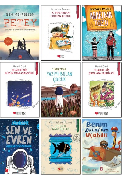 Petey + Kitaplardan Korkan Çocuk + Abartma Tozu + Charlie’nin (Büyük Cam Asansörü + Çikolata Fabrikası) + Yazıyı Bulan Çocuk + Sen ve Evren + Küçük Kara Balık + Benim Zürafam Uçabilir / 9 Kitap Seti Petey + Kitaplardan Korkan Çocuk + Abartma Tozu + Charlie’nin (Büyük Cam Asansörü + Çikolata Fabrikası) + Yazıyı Bulan Çocuk + Sen ve Evren + Küçük Kara Balık + Benim Zürafam Uçabilir / 9 Kitap Seti