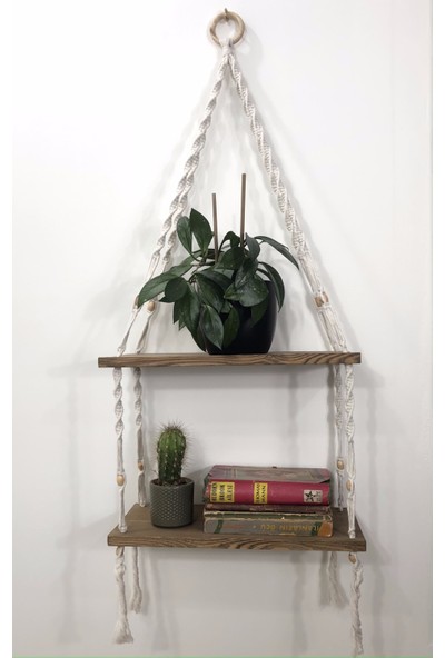 2 Katlı Makrome Duvar Rafı, Doğal Ahşap Raf, Dekoratif Duvar Rafı, Koyu Meşe 2 Katlı Makrome Duvar Rafı, Doğal Ahşap Raf, Dekoratif Duvar Rafı, Koyu Meşe