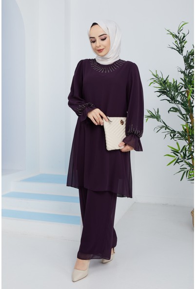 İmaj Butik Büyük Beden Tesettür Abiye Takım/mürdüm