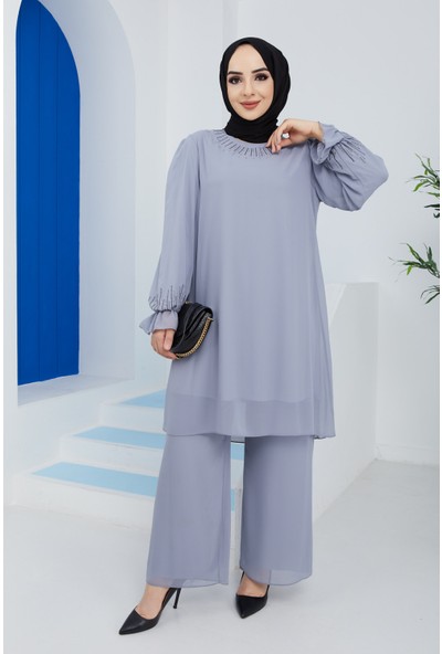 İmaj Butik Büyük Beden Tesettür Abiye Takım/gri