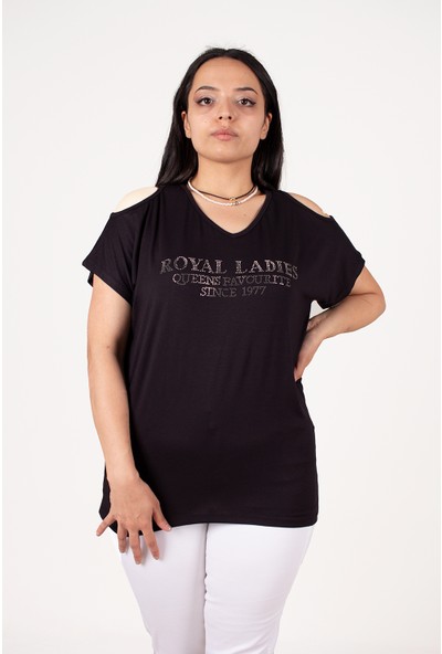 Truva Xxl Büyük Beden Kadın Giyim Taş Baskı Omuz Detay Tshirt Renkli BZ824 Truva Xxl Büyük Beden Kadın Giyim Taş Baskı Omuz Detay Tshirt Renkli BZ824