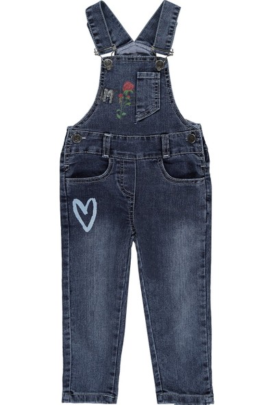 Overdo Baskılı Koyu Mavi Kız Çocuk Kot Salopet / Bahçivan