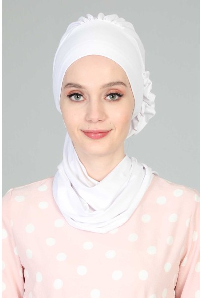 Moda Çizgi Yandan Fırfırlı Penye Hazır Türban Beyaz Moda Çizgi Yandan Fırfırlı Penye Hazır Türban Beyaz