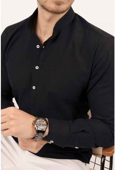 Etikmen Siyah Hakim Yaka Üç Düğmeli Slimfit Keten Gömlek Etikmen Siyah Hakim Yaka Üç Düğmeli Slimfit Keten Gömlek
