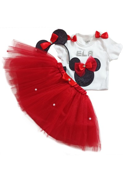 Kırmızı Mickey Mouse Temalı Payetli Kız Çocuk Tütü Takım - Isme Özel Mickey Mouse Tütü Elbise