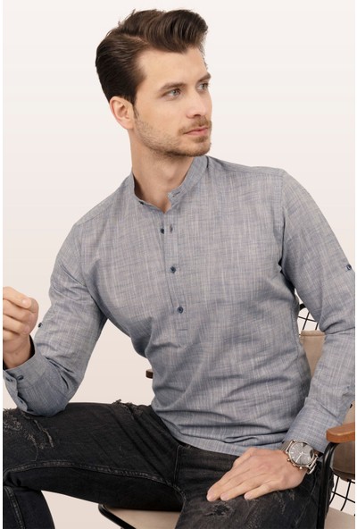 Etikmen Açık Füme Hakim Yaka Üç Düğmeli Slimfit Keten Gömlek Etikmen Açık Füme Hakim Yaka Üç Düğmeli Slimfit Keten Gömlek