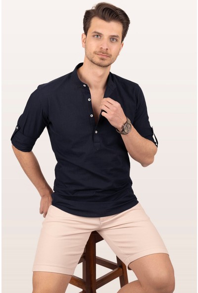 Etikmen Lacivert Hakim Yaka Üç Düğmeli Slimfit Keten Gömlek Etikmen Lacivert Hakim Yaka Üç Düğmeli Slimfit Keten Gömlek