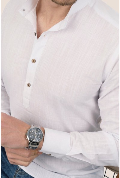 Etikmen Beyaz Hakim Yaka Üç Düğmeli Slimfit Keten Gömlek Etikmen Beyaz Hakim Yaka Üç Düğmeli Slimfit Keten Gömlek