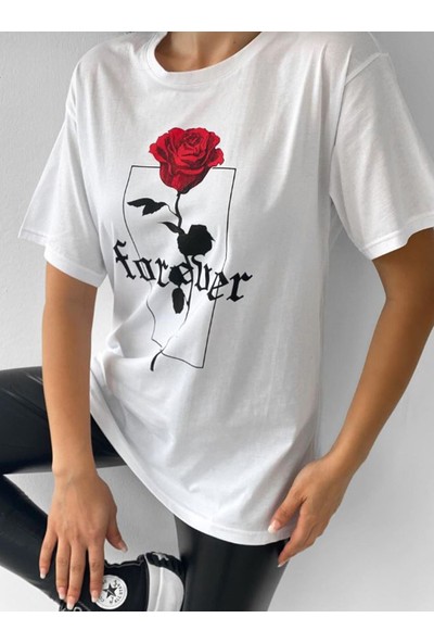 Kütükhouse Beyaz Forever Gül Baskılı T-Shirt