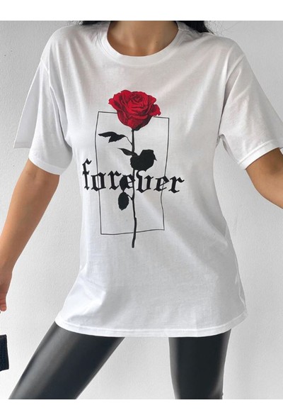 Beyaz Forever Gül Baskılı T-Shirt