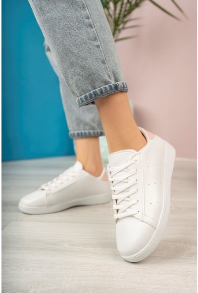 Bağcıklı Beyaz Arkası Pudra Garnili Kadın Spor Ayakkabı