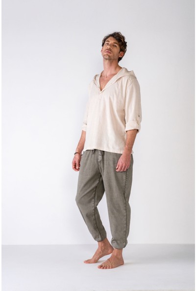 Kapşonlu Bohem Erkek Gömlek Bej