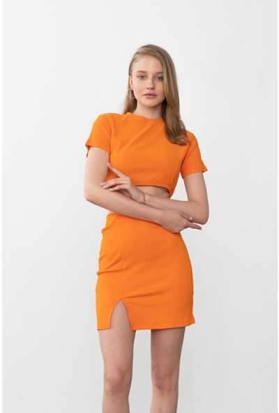 Mini Etekli Dokulu Ikili Takım - Turuncu Mini Etekli Dokulu Ikili Takım - Turuncu