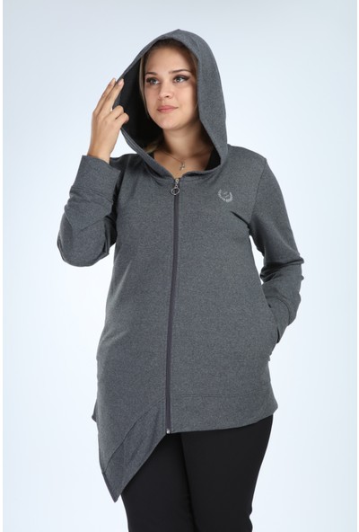 Kadın Büyük Beden Önü Fermuarlı Kapsonlu Cep Fermuarlı Ceket Antrasit P5106