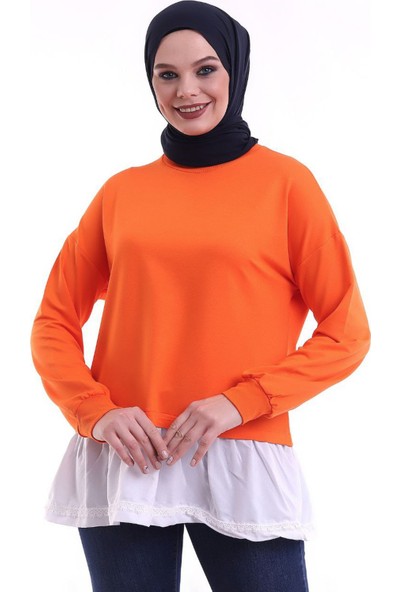 Modamiks Bisiklet Yaka Iki Iplik Oversize Sweatshirt - Turuncu