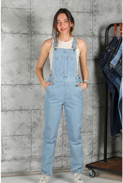 DeepStar Ayarlanabilir Askılı Yanları Metal Düğmeli Düz Yaka Uzun Salopet Açık Mavi