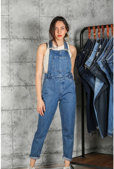 Ayarlanabilir Askılı Yanları Metal Düğmeli Düz Yaka Uzun Salopet Mavi