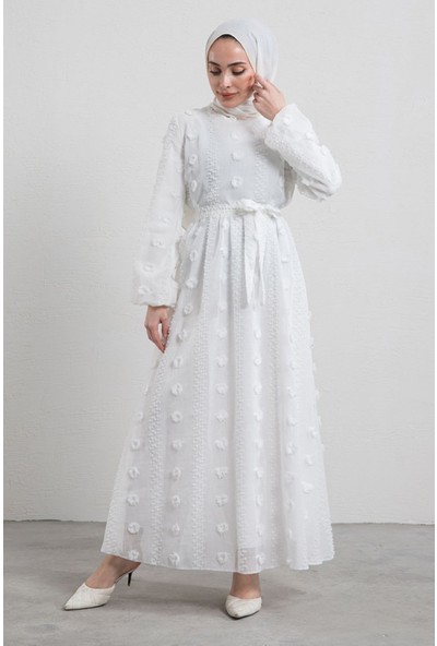 Modamiks Pon Pon Püskül Detaylı Şifon Elbise - Beyaz