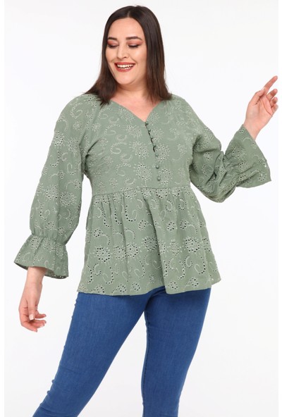 Lir Kadın Büyük Beden Brodeli Volan Kol Düğmeli Bluz Haki LRWM22BLZ01