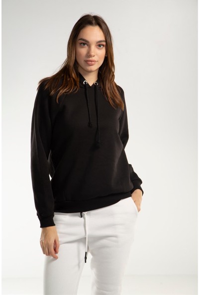 Şardonlu Kapüşonlu Sweatshirt-Siyah