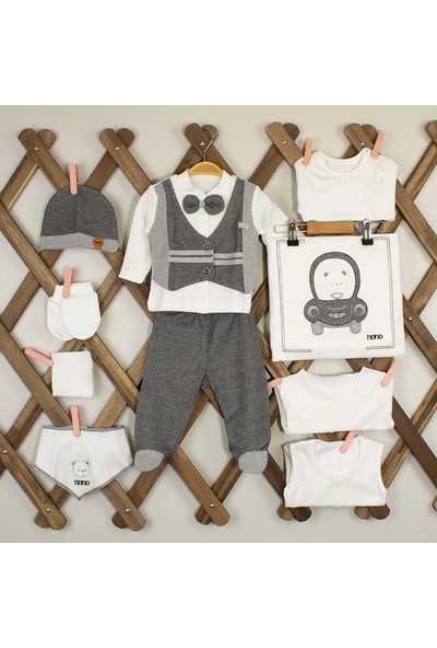 Erkek Bebek 10LU Zıbın Araba Nakışlı - Nono Baby - Hastane Çıkış & Zıbın - Gri - Yenidoğan