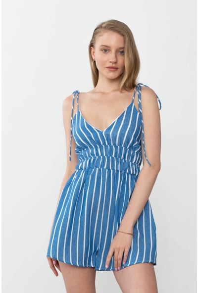 Ip Askılı Çizgili Tulum - Mavi